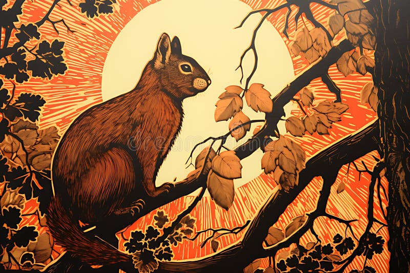 Art Life Squirrel Nature Block Print Style Ai Generate Stock Photos ...