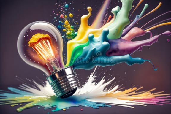 Art of a Light Bulb Lamp Exploding with Colorful Rainbow Paint Splash ...