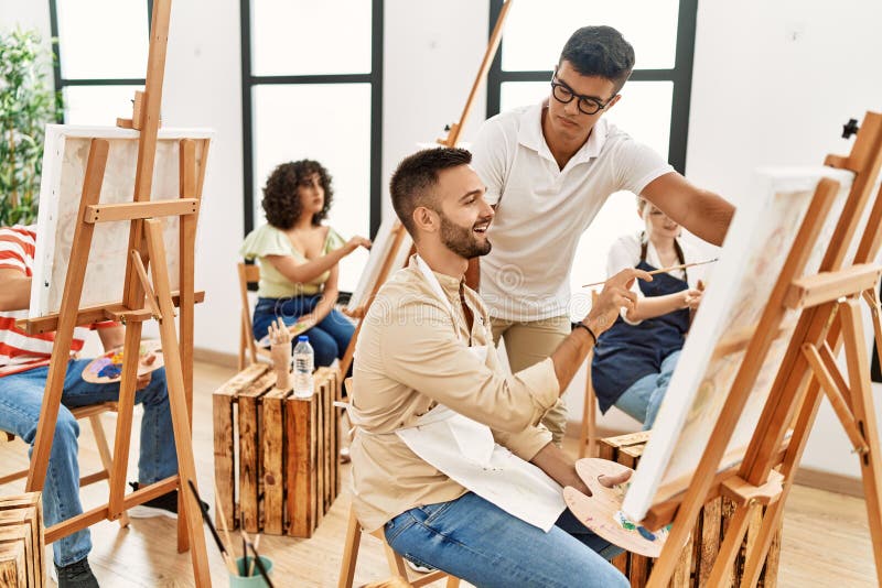 Art Man Teacher with Serious Expression Looking Draw of Paint Student ...