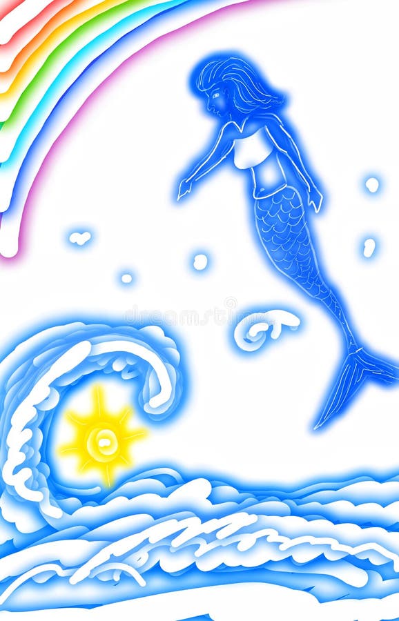 Art of Mermaid with Sea and Sun with Rainbow. Stock Illustration ...
