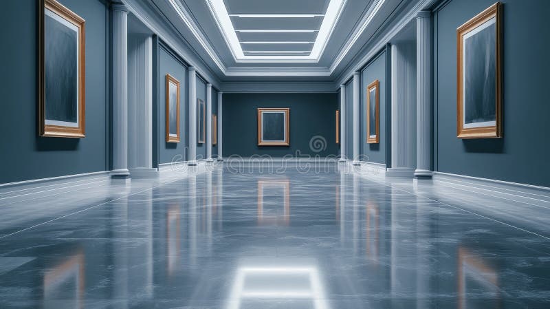 Art Museum, Gallery Interior with Empty Frames on Walls, Long Corridor ...