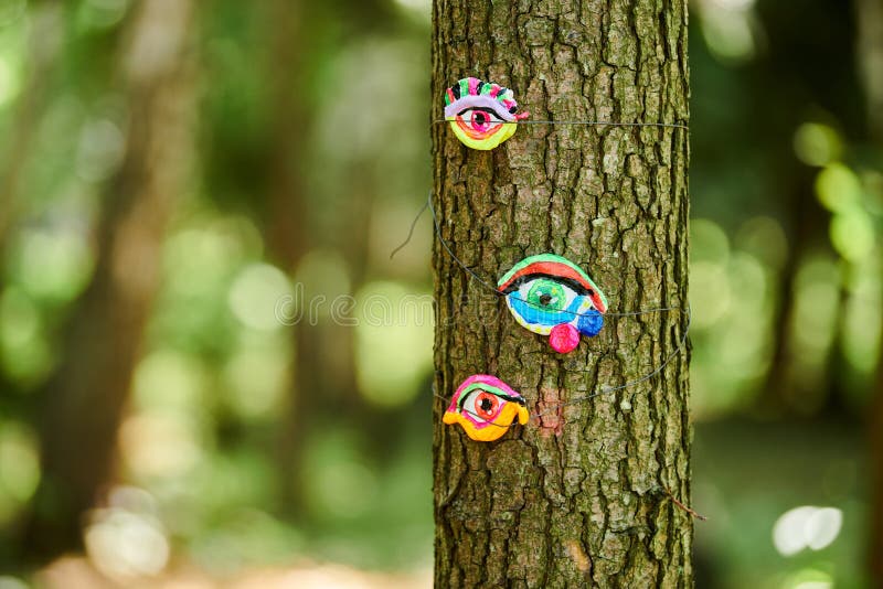 Art Object of Human Eyes on Tree Trunk in Green Forest Background ...