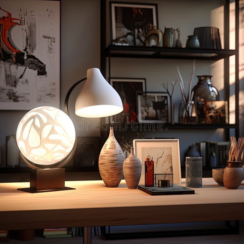 Art Objects and Stylish Lamps in the Office Space Stock Illustration ...