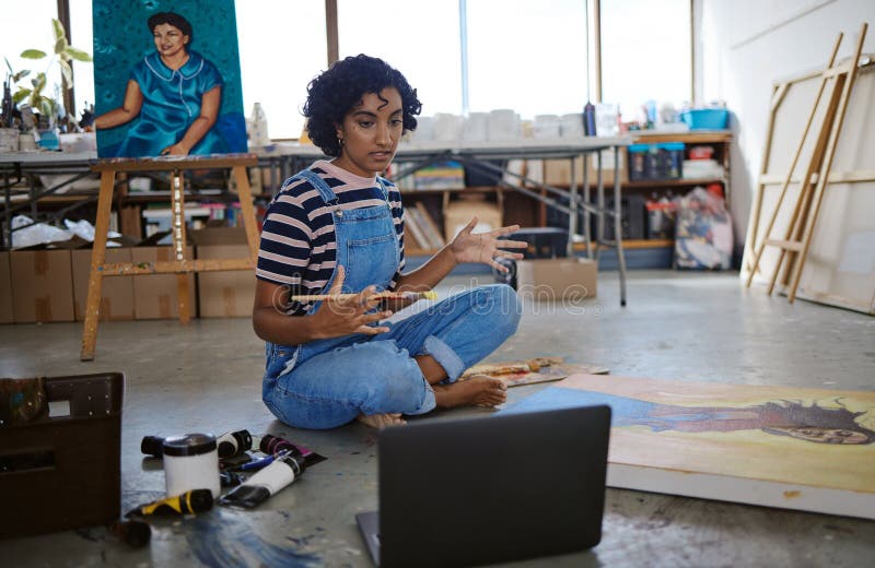 Art Painting, Laptop and Woman on Video Call, Streaming Online Tutorial ...