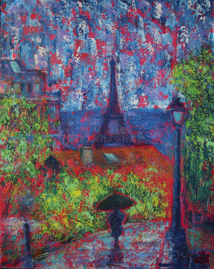 Art Painting of Paris Street with Eiffel Tower Stock Photo - Image of ...