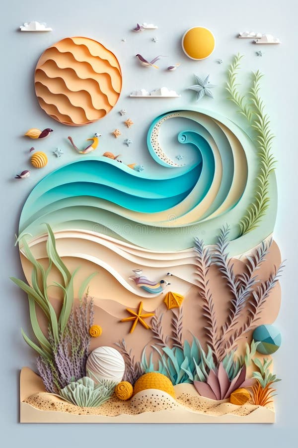 An Art Paper Cut Out of Beach Scene. Generative AI Stock Illustration ...
