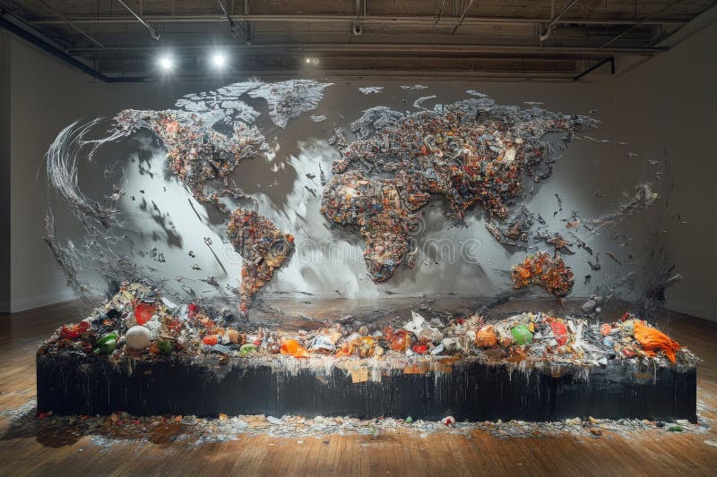 Art Piece Showcasing a Garbage World Map Installation Made from Various ...
