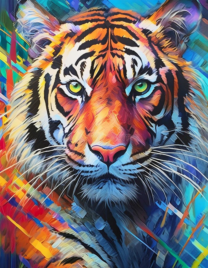 An Art Piece of a Tiger Featuring Bright Colours Stock Illustration ...