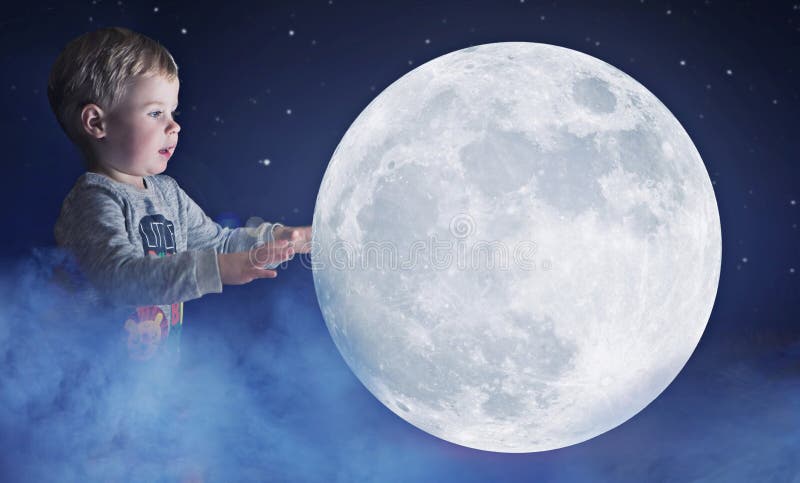 Art Portrait of a Cute Little Boy Holding a Moon Stock Image - Image of ...