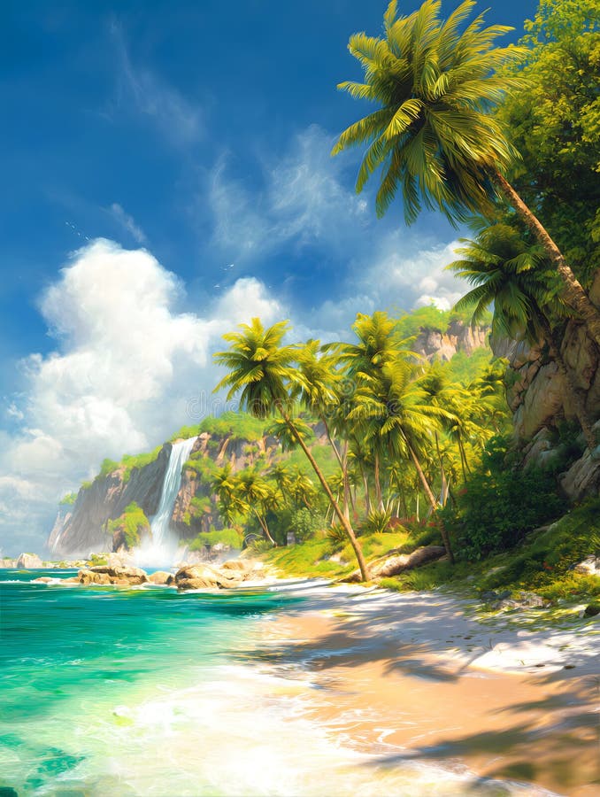 An Art Presentation of a Tropical Island with Beach Stock Image - Image ...
