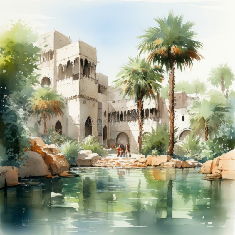 Charming Watercolour Illustration of Ancient Ruin Oasis in Islamic Art ...