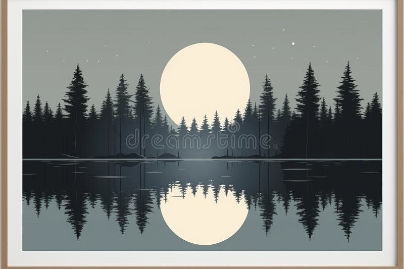 An Art Print of a Forest with Trees and a Full Moon Stock Illustration ...