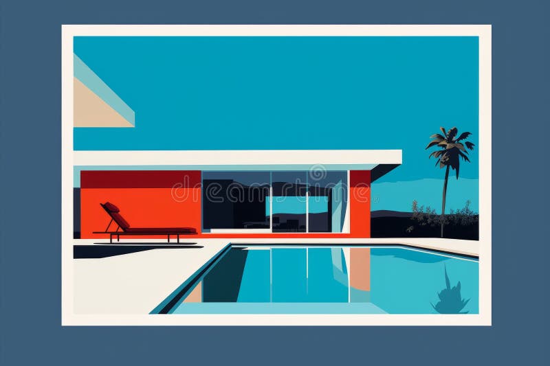 An Art Print of a House with a Pool and Palm Trees Stock Illustration ...
