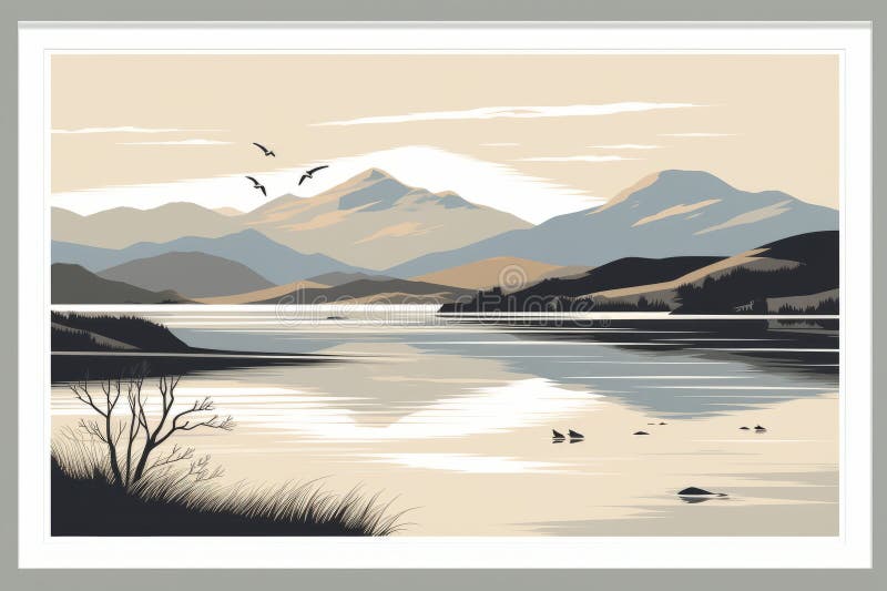 An Art Print of a Lake and Mountains in the Scottish Highlands Stock ...