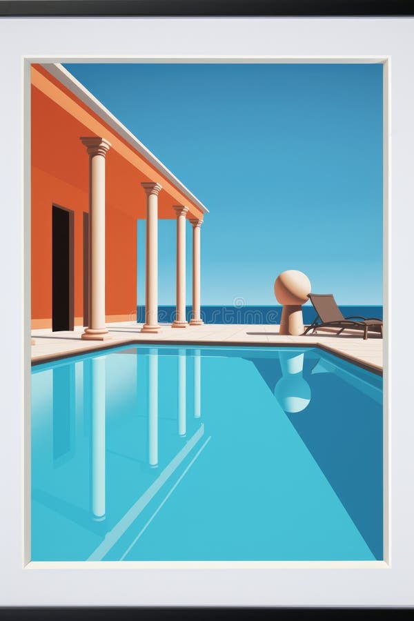 An Art Print of a Pool and a House by the Ocean Stock Illustration ...