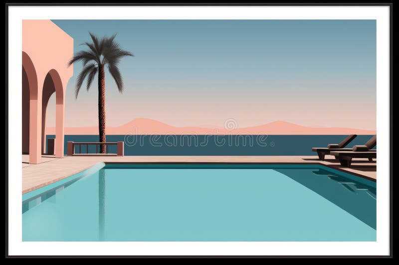 An Art Print of a Pool with Palm Trees and a View of the Ocean Stock ...
