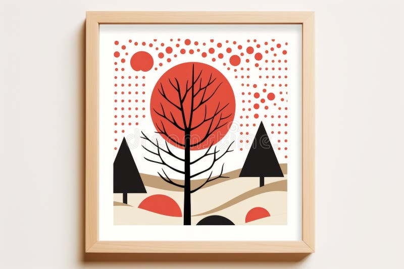 An Art Print with a Red Sun and Trees Stock Illustration - Illustration ...