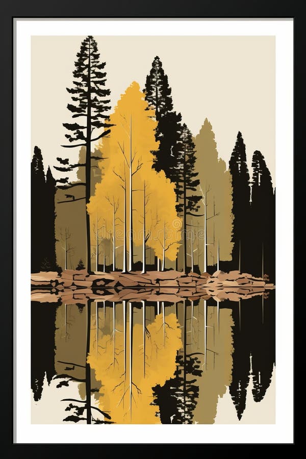 An Art Print of Trees Reflected in a Lake Stock Illustration - Illustration of pine, season ...