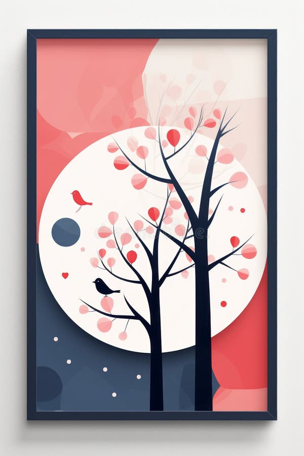 An Art Print with Two Trees and a Bird Stock Illustration ...