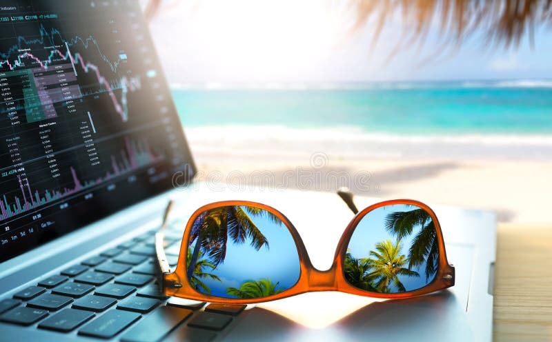 Art Remote Work in a Tropical Sea Beach. Dream Work Office Background ...