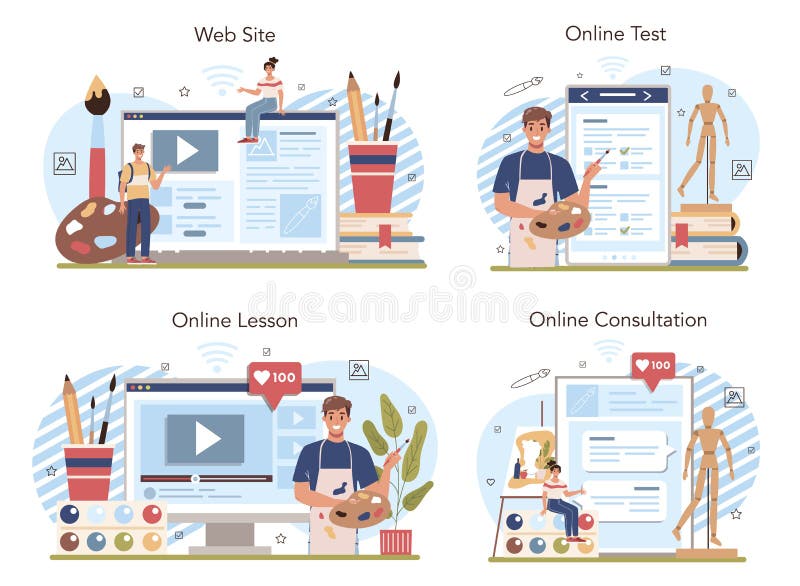 Art School Education Online Service or Platform Set. Student Learning ...