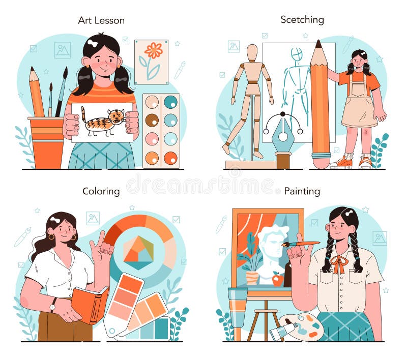 Art School Education Set. Student Holding Art Tools Learning How To ...