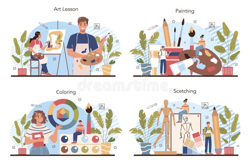 Art School Education Set. Student Holding Art Tools Learning Stock ...