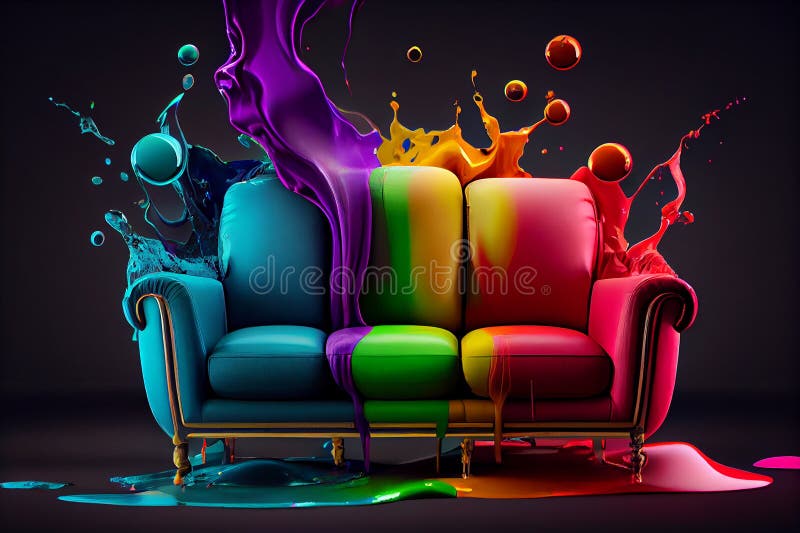 Art Sofa Doused in Multicolored Paint, Drops of Paint in the Air Stock ...
