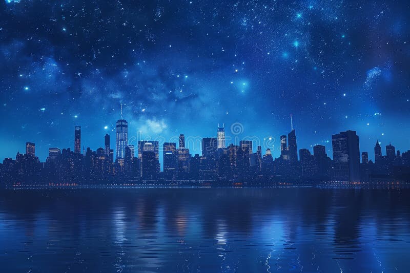 Art, Starry Sky, Manhattan Skyline, Blue Color Scheme 2 Stock ...