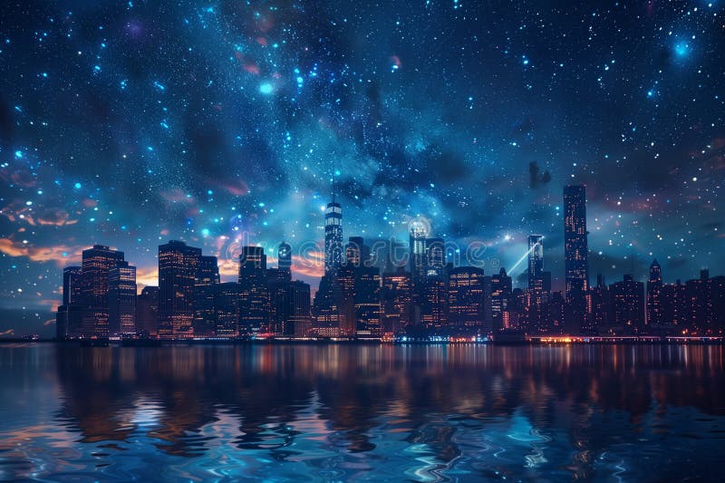 Art, Starry Sky, Manhattan Skyline, Blue Color Scheme 3 Stock ...
