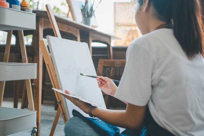 Art Student Drawing with Watercolor Painting on Canvas Doing Some Art Projects on Studio ...