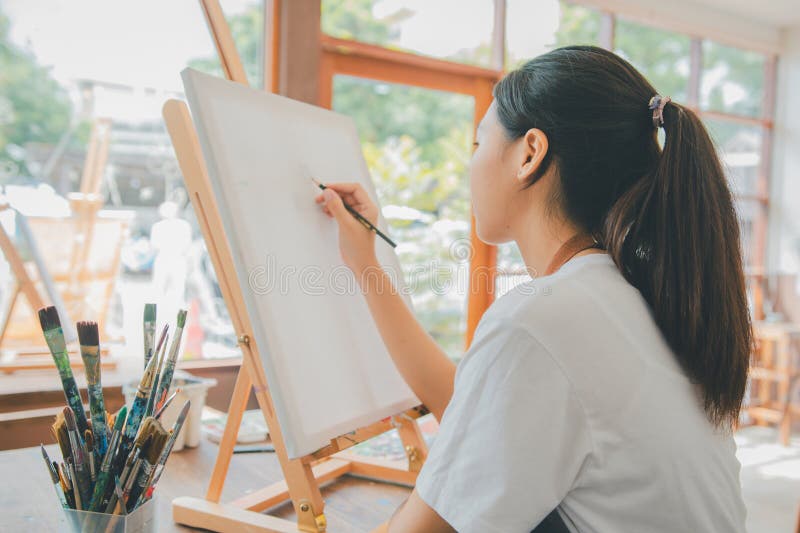 Art Student Drawing with Watercolor Painting on Canvas Doing Some Art ...