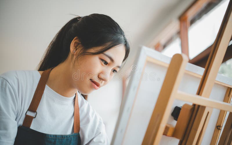 Art Student Drawing with Watercolor Painting on Canvas Doing Some Art ...