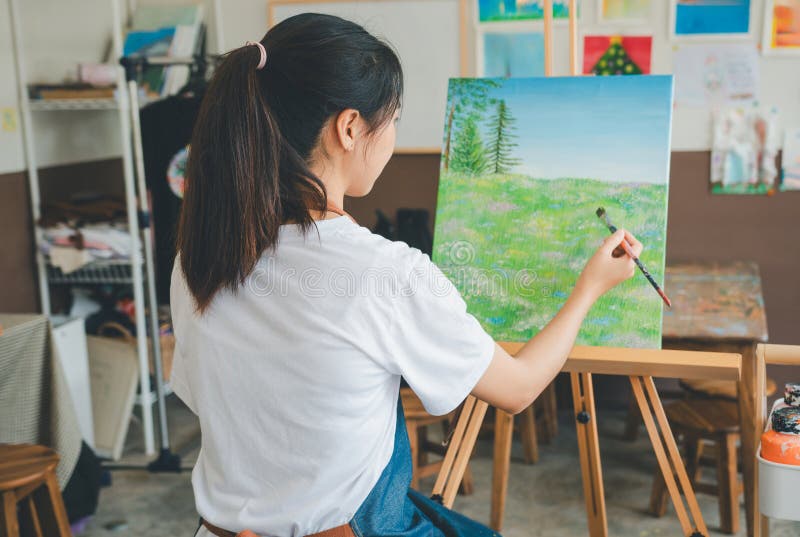 Art Student Drawing with Watercolor Painting on Canvas Doing Some Art ...