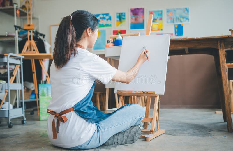 Art Student Drawing with Watercolor Painting on Canvas Doing Some Art ...