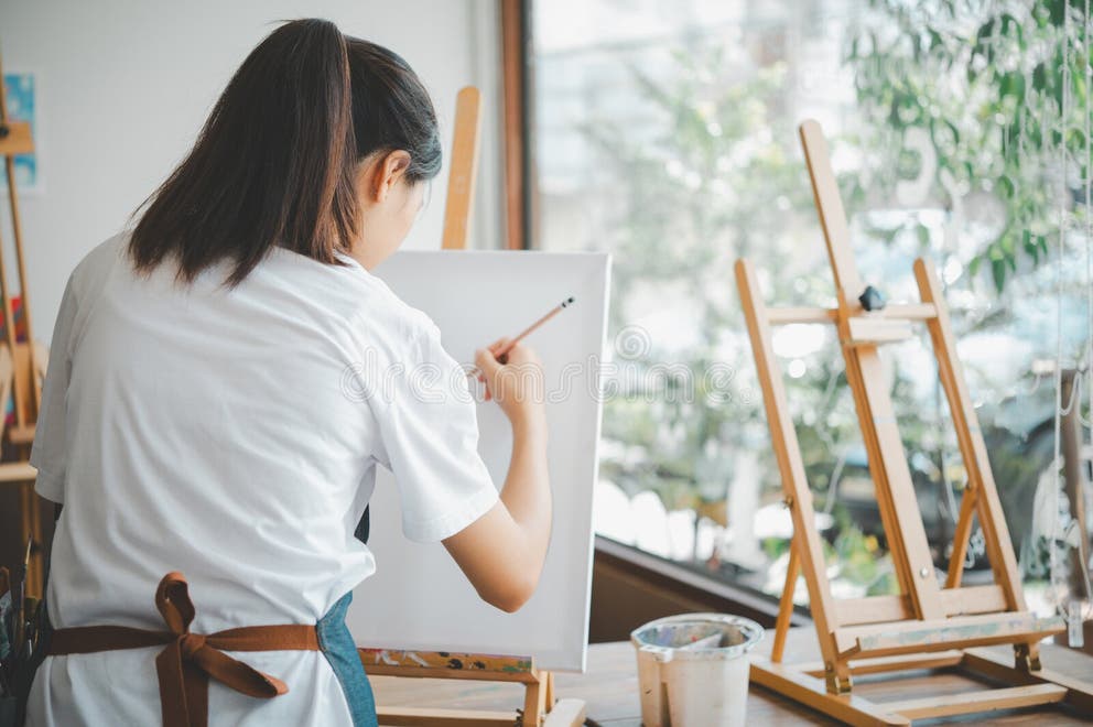 Art Student Drawing with Watercolor Painting on Canvas Doing Some Art ...