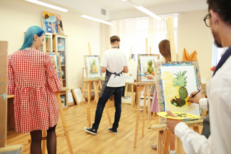 Art Students Painting in Workshop Stock Image - Image of female, craft ...