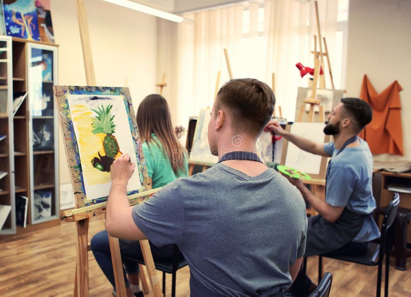 Art Students Painting in Workshop Stock Photo - Image of learn, canvas ...
