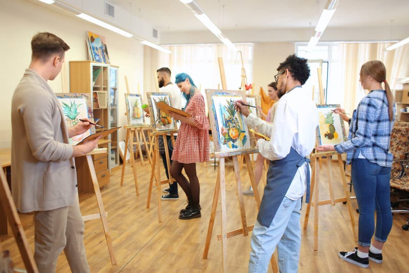 Art Students Painting in Workshop Stock Photo - Image of easel ...