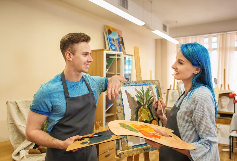 Art Students Painting in Workshop Stock Photo - Image of palette ...