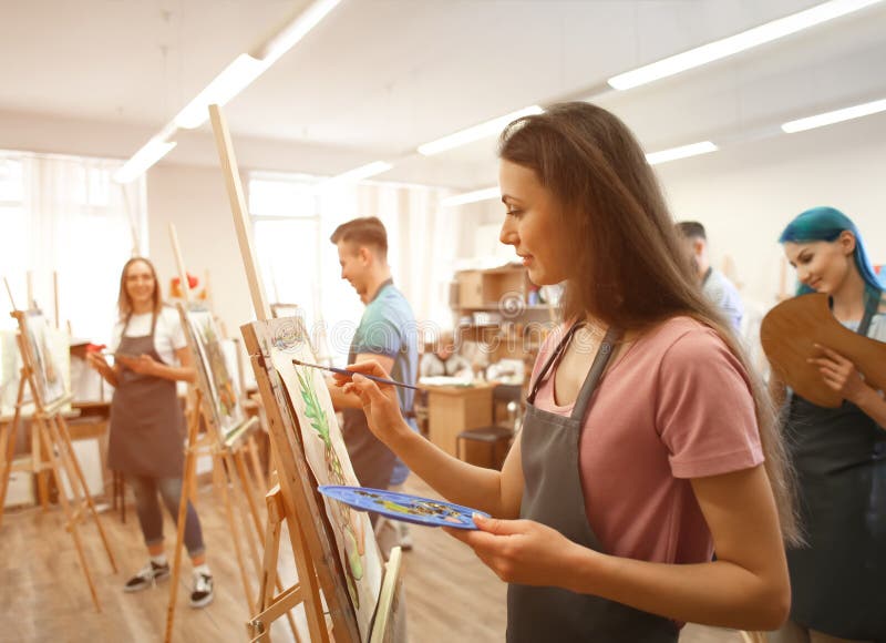 Art Students Painting in Workshop Stock Photo - Image of education ...