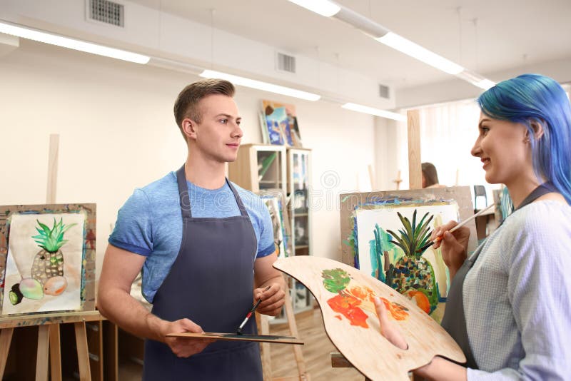 Art Students Painting in Workshop Stock Image - Image of female, canvas ...