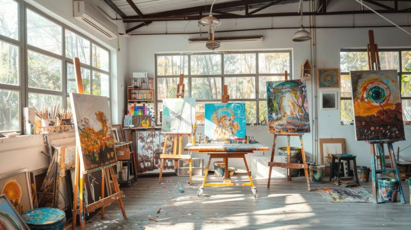 A Sunlit Art Studio with Colorful Paintings on Easels Creates a Vibrant ...