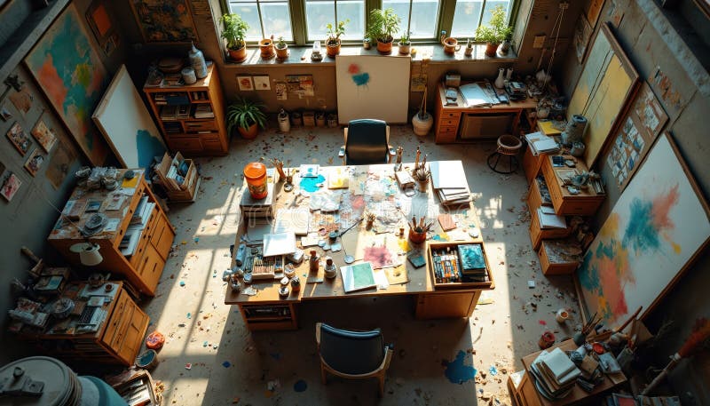 Art Studio Chaos Reflects Creative Process. Cluttered Desk Overflows ...