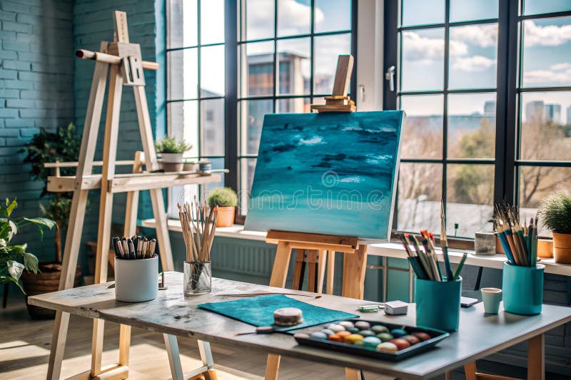 Art Studio with Ensemble of Artists Tools and Wooden Easel with ...