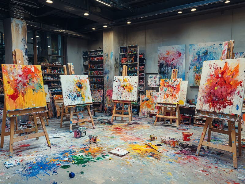 An Art Studio with Five Easels Displaying Abstract Paintings, Paint ...