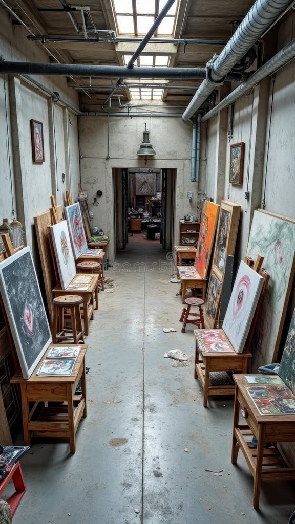 Art Studio Hallway with Various Abstract Paintings on Easels in ...