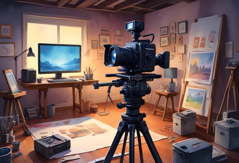 Art Studio Interior with Camera on a Tripod and Paintings Stock Photo ...