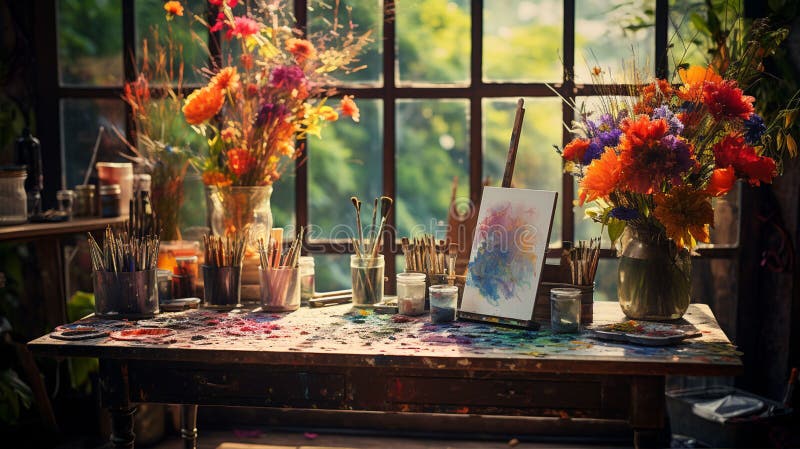 Art studio of a painter stock illustration. Illustration of canvas ...