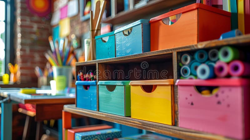 Art Supplies and Colorful Storage Boxes in a Creative Space. Stock ...